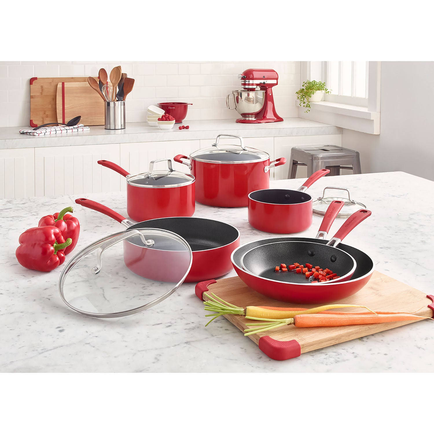 KitchenAid Aluminum Nonstick 10-Piece Cookware Set - Empire Red ...