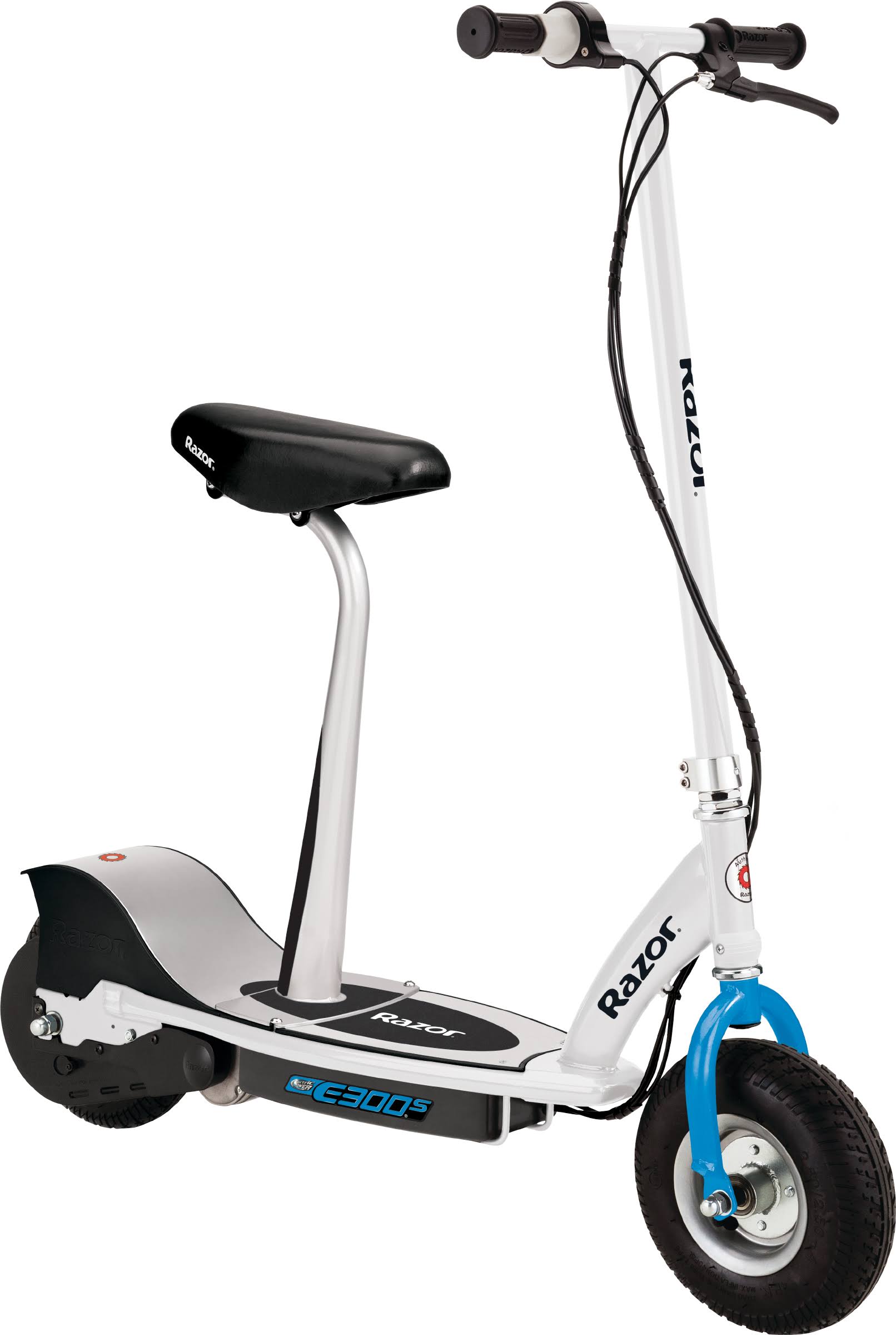 Razor E300S Electric Scooter Seated - White/Blue - Revivalcandy