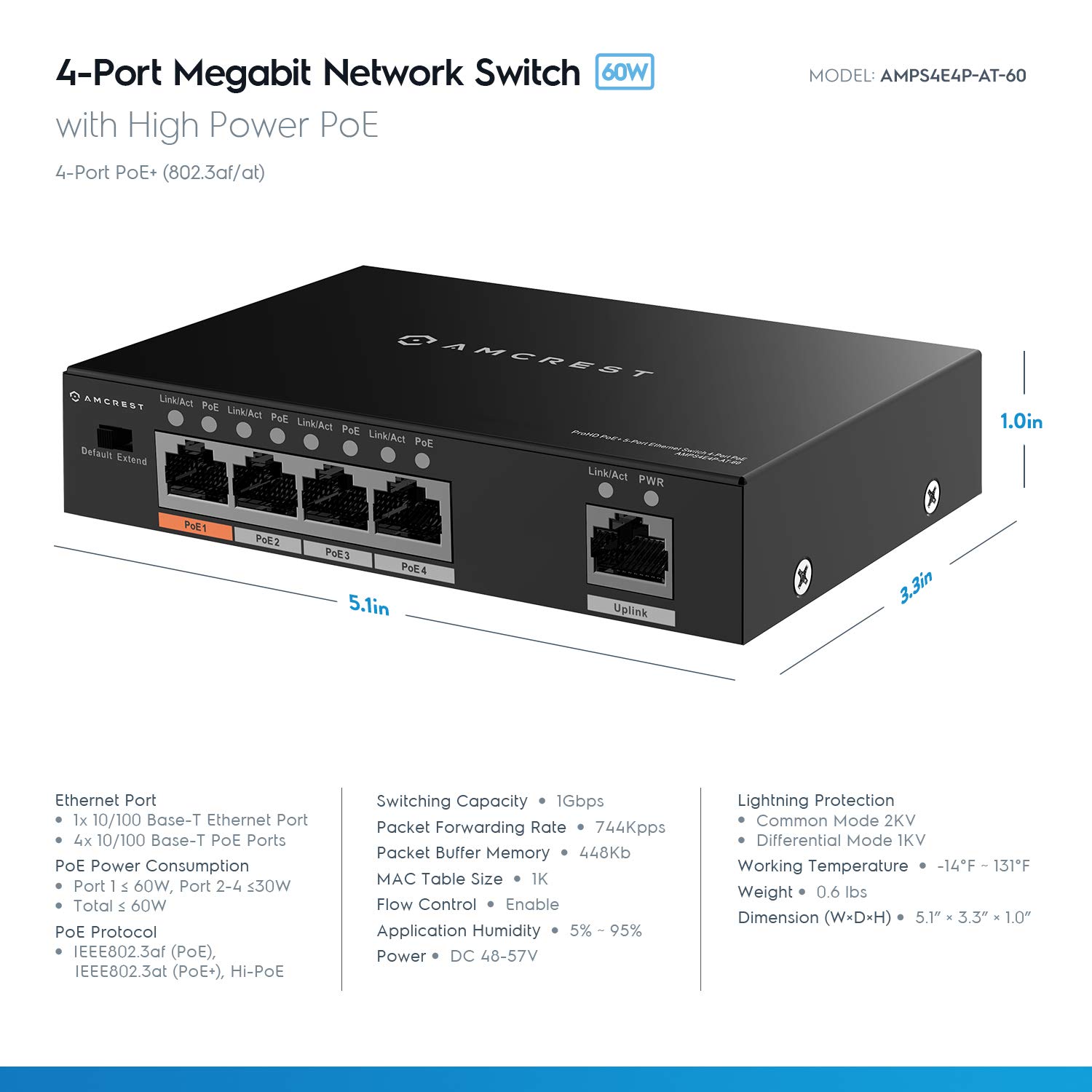 Amcrest 4-Port POE+ Power Over Ethernet POE Switch with Metal Housing ...