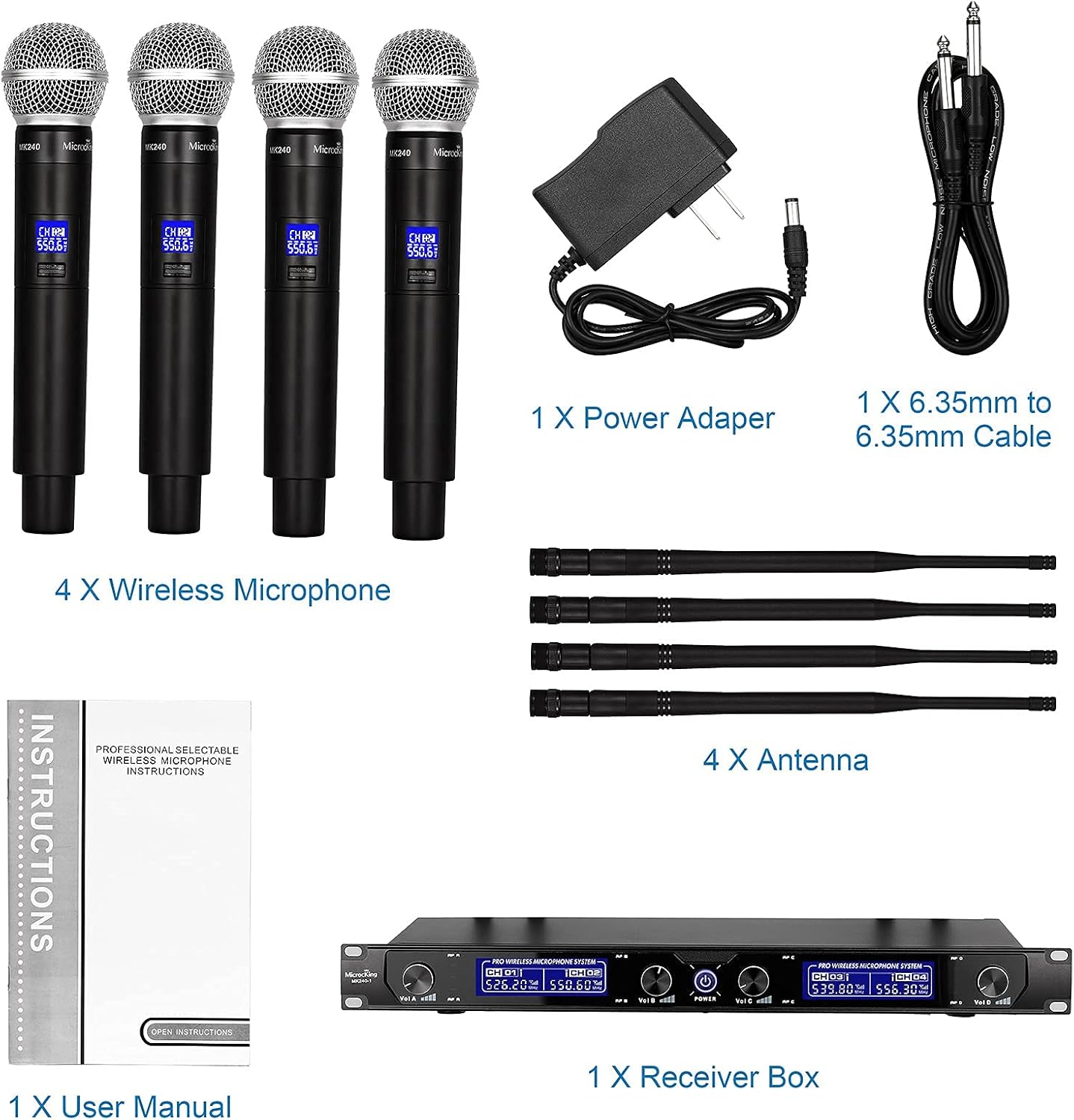MicrocKing Wireless Microphone System, with 4 Handheld Mics, Metal ...