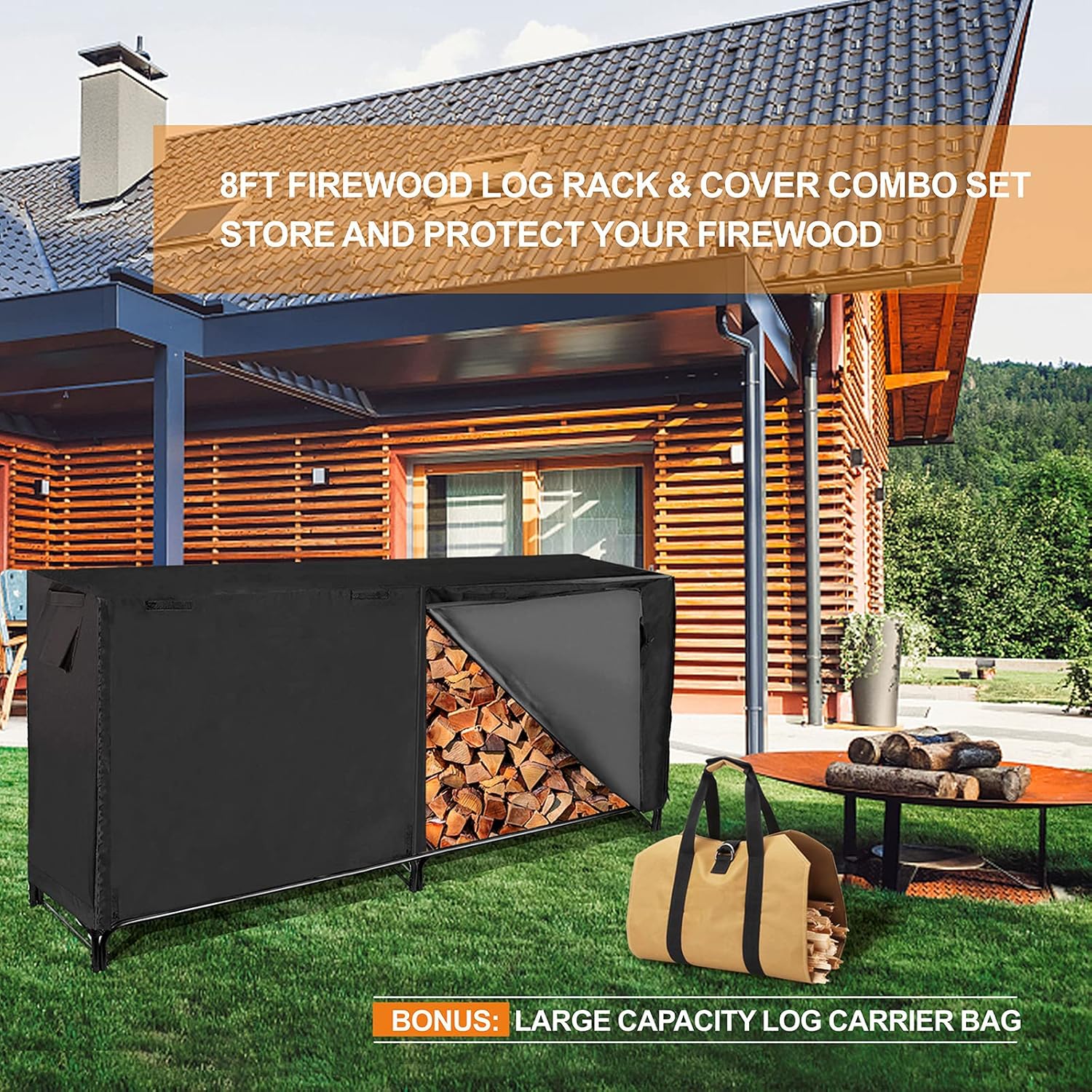 4-foot Fire Wood Racks Outdoor with Waterproof Cover and Wood Carrier ...