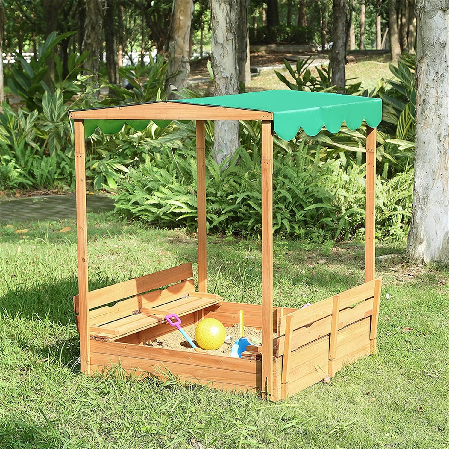 Naomi Home Kids Canopy Covered Cedar Sandbox with Foldable Bench Seats ...