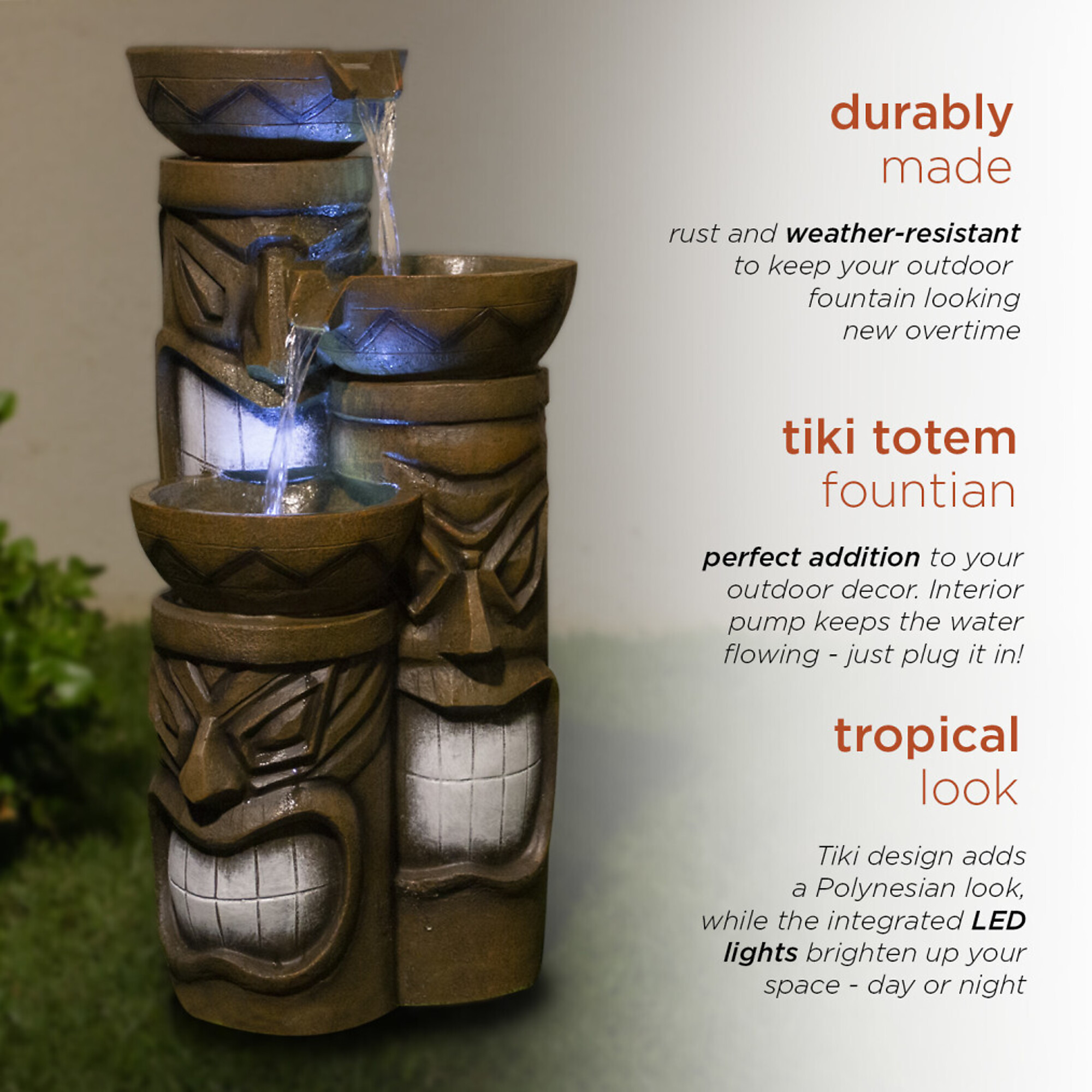 Alpine Corporation, Triple Tiki Fountain with LED Lights, Volts 120 ...