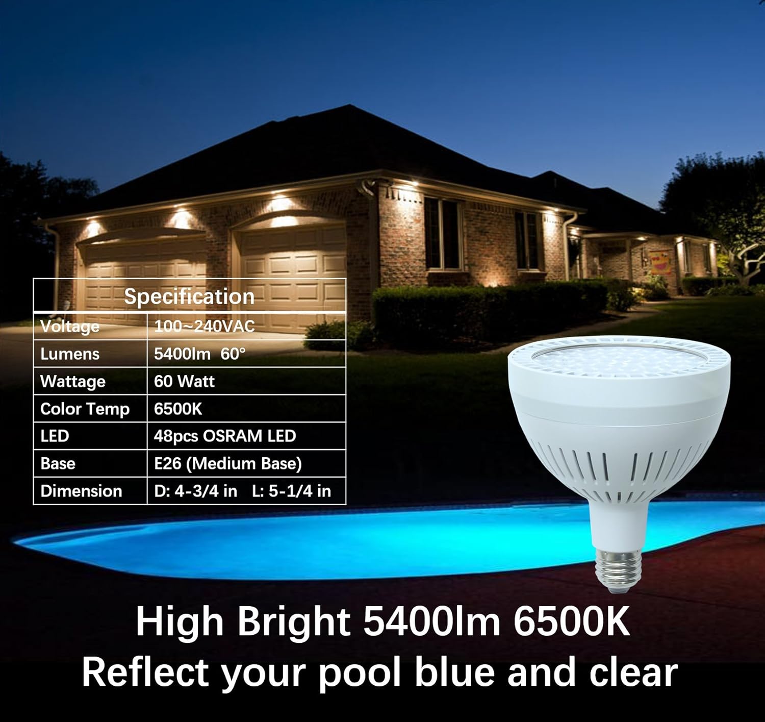 LED Pool Lights 120V 60W 6000lm High Bright White 6500K Replacement for ...