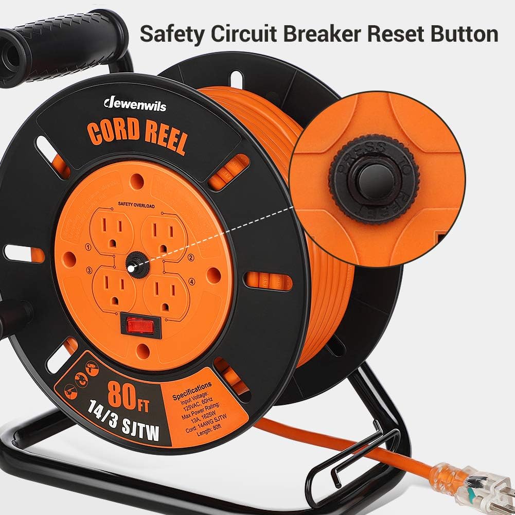 DEWENWILS Heavy Duty Open Cord Reel with 80FT Extension Cord, Hand Wind ...