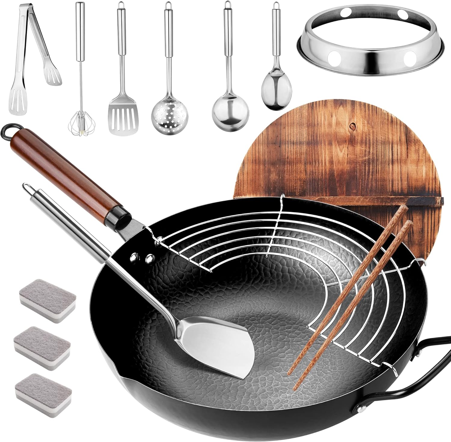 Carbon Steel Wok Pan with Lid and Handle, Small Appliances 13'' Stir ...