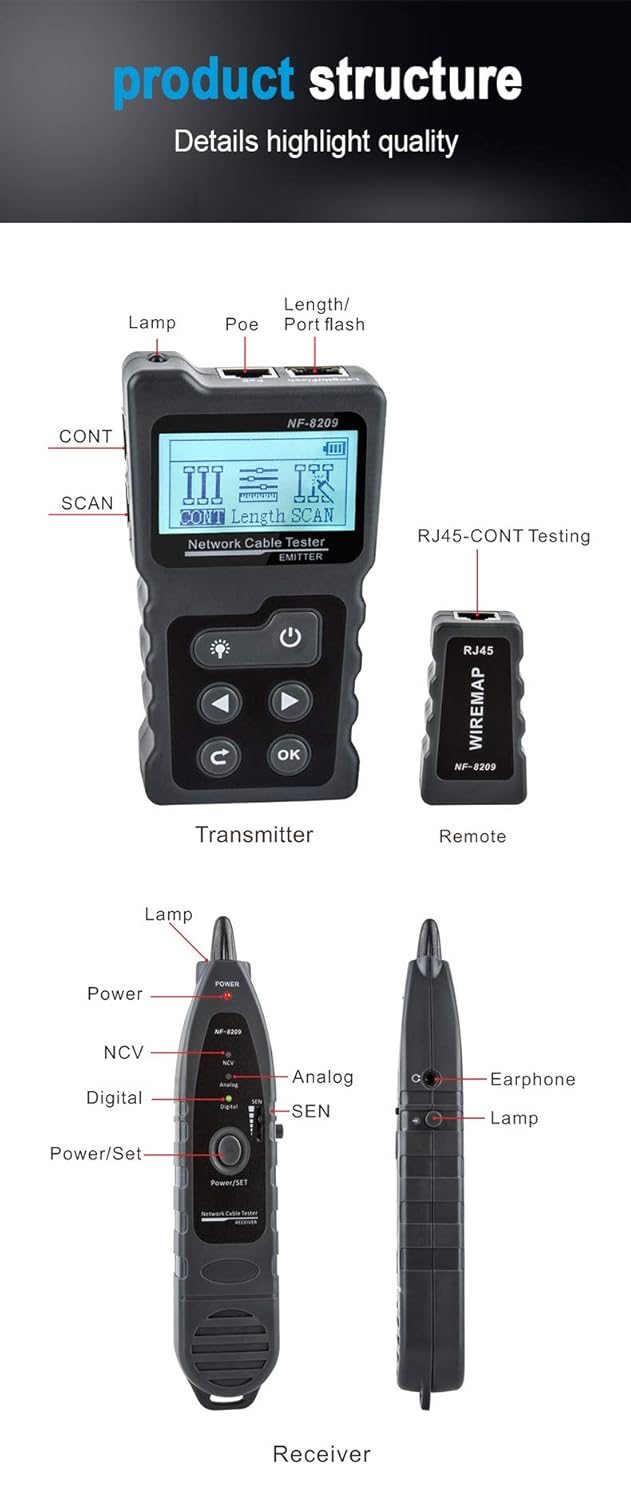Advanced Cable Tester with PoE Multifunction Wire Tracker Network Cable ...