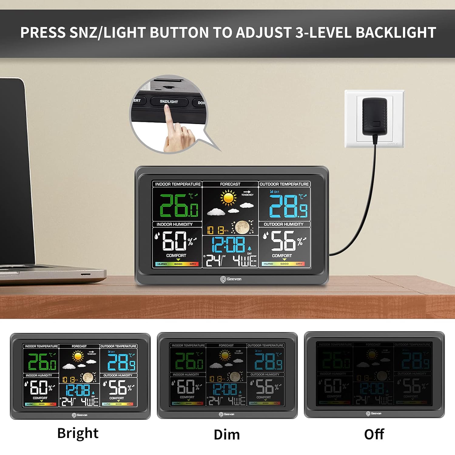 Geevon Weather Station Wireless Indoor Outdoor Thermometer, Large Color ...