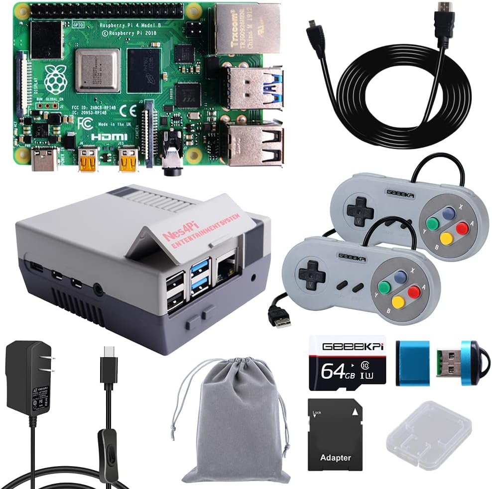 GeeekPi Raspberry Pi 4 8GB RAM Starter Kit with 64GB Micro SD Card, Nes4Pi Case, 5V 3A USB-C ...