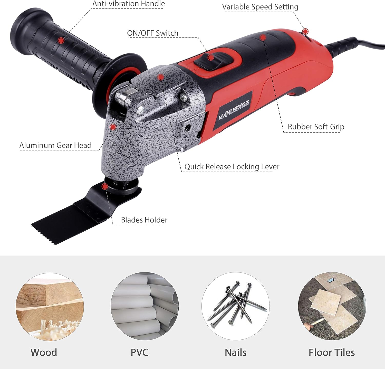 MANUSAGE 2.5Amp Oscillating Tool,Variable Speed Oscillating Multi Tool Kit with 3.5°Oscillation ...
