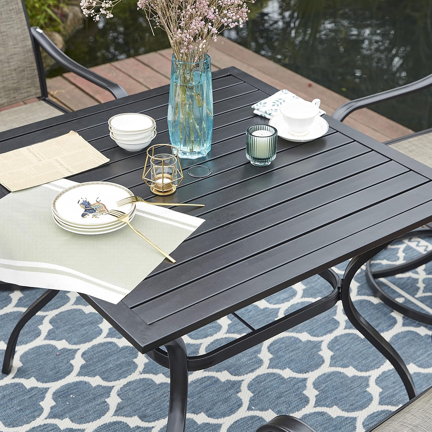 Outdoor Metal Dining Table, 4 Person Black Square Patio Backyard ...