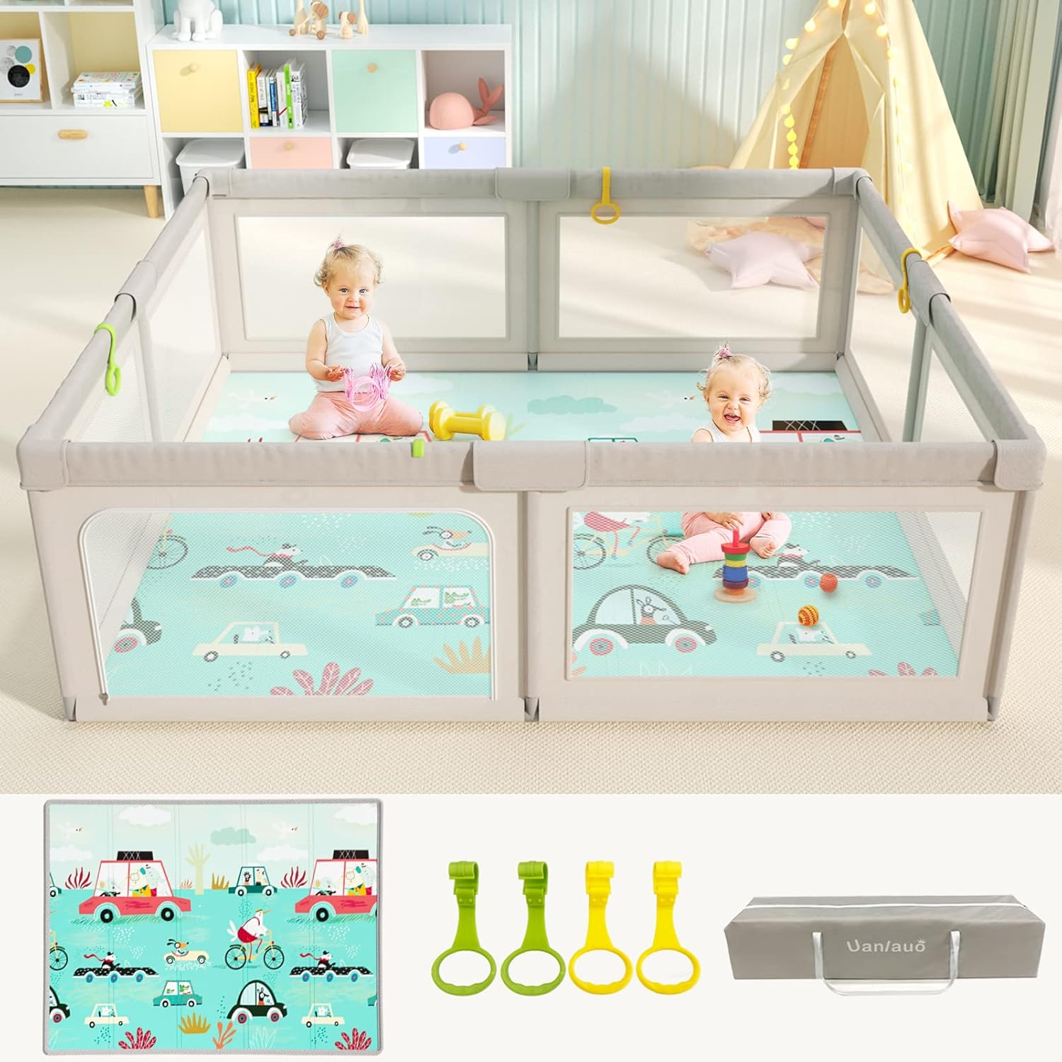 UANLAUO Playpen with Mat, 59x71inch Baby Playpen for Babies and ...