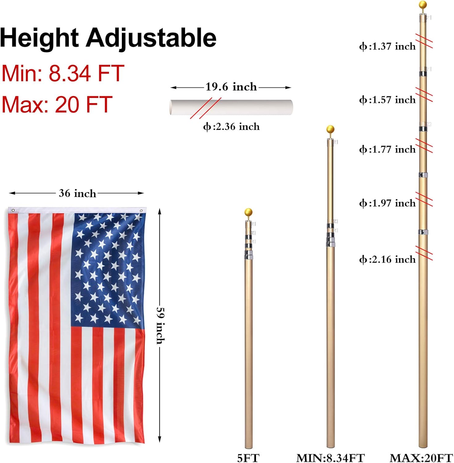 WinisKi Flag Pole 30ft Telescoping Black Extra Thick - Outdoor Heavy ...
