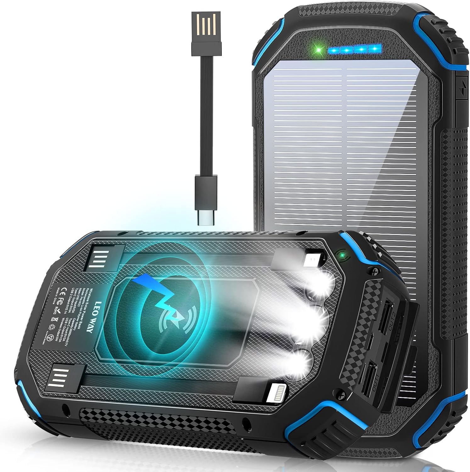 Solar Power Bank, 36000mAh Charger, Qi Wireless External Batterywith ...