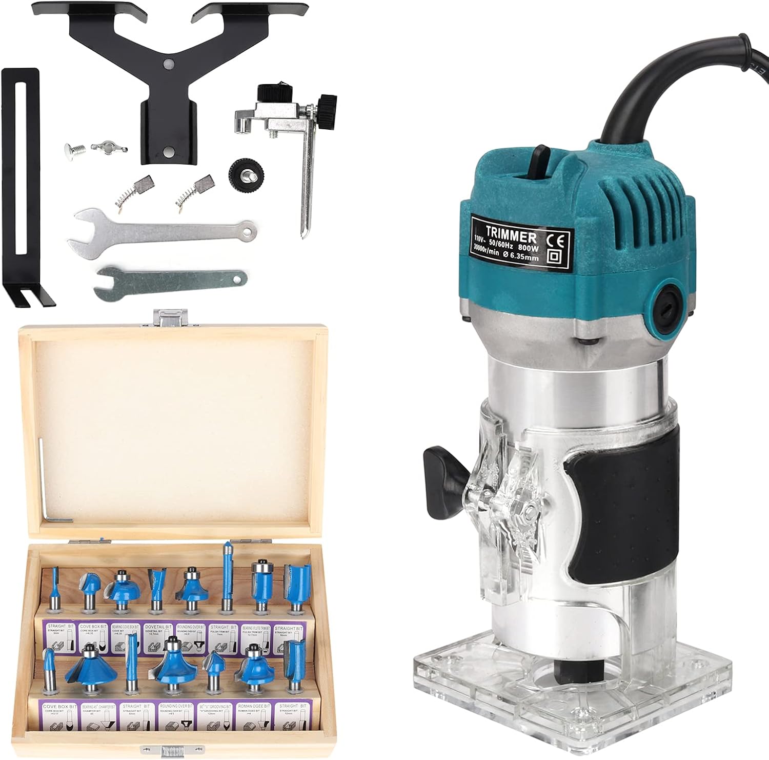 110V 800W Palm Router Electric Hand Trimmer Wood Router 1/4" Collets ...