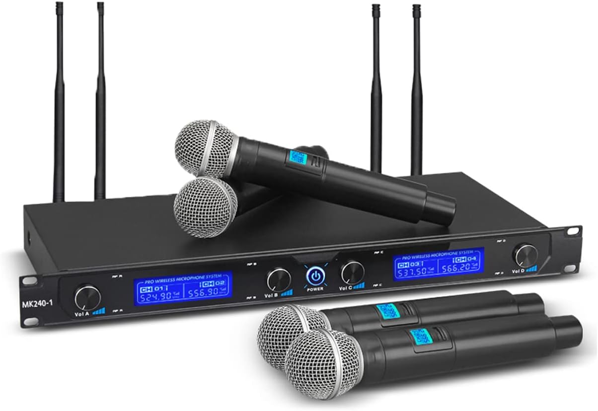 MicrocKing Wireless Microphone System, with 4 Handheld Mics, Metal ...