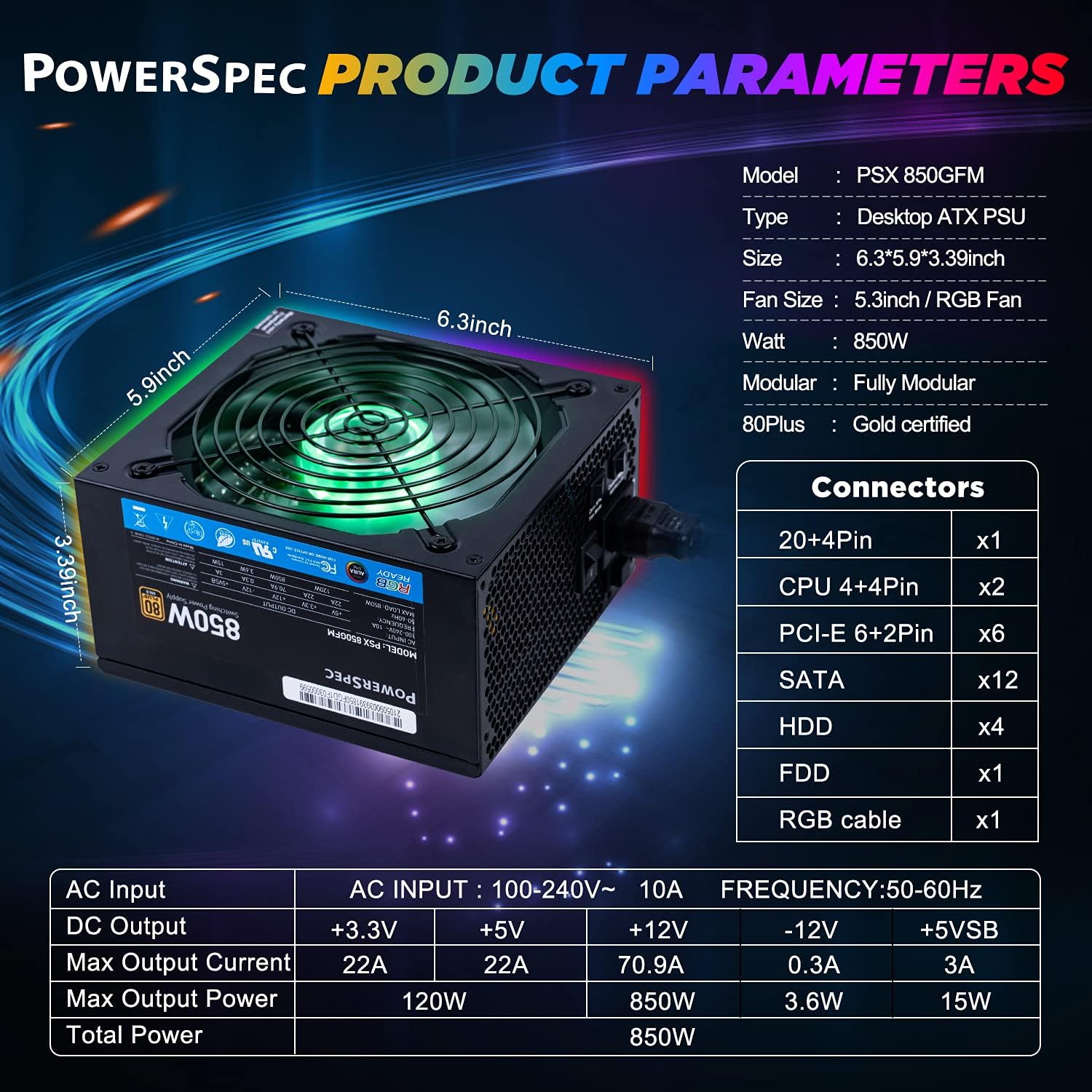 PowerSpec 650 Watt 80 Plus Gold Semi Modular ATX Power Supply Active ...