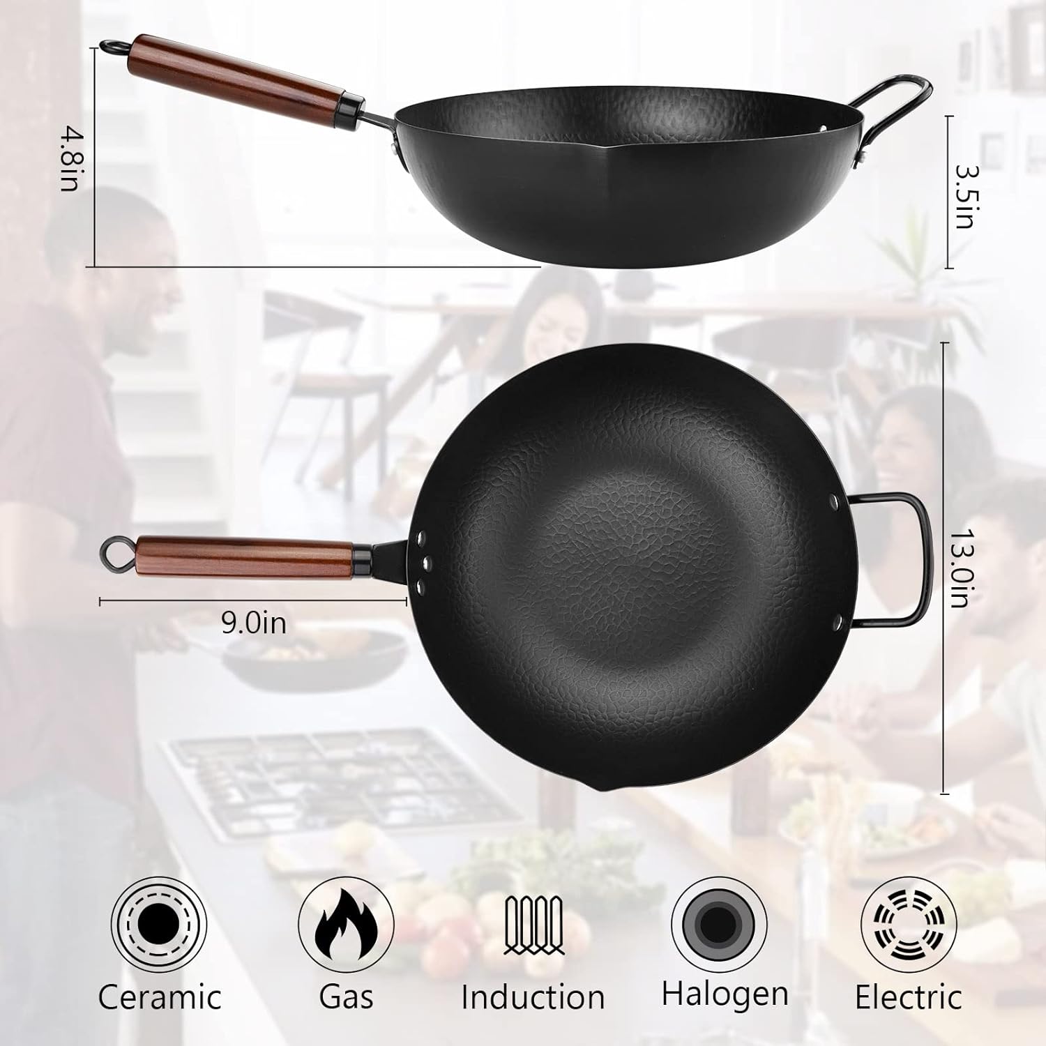 Carbon Steel Wok Pan with Lid and Handle, Small Appliances 13'' Stir ...