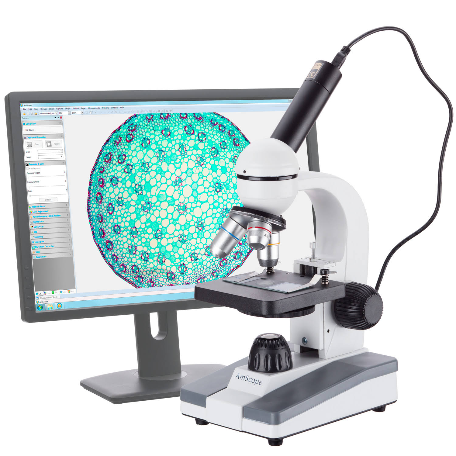 Amscope 40X-1000X Glass Optics Student Compound Microscope + USB Camera ...