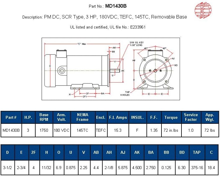 Electric Motors MD0505E DC Motor, 1/2 hp, 1800 RPM, 12VDC, 56C, TEFC ...