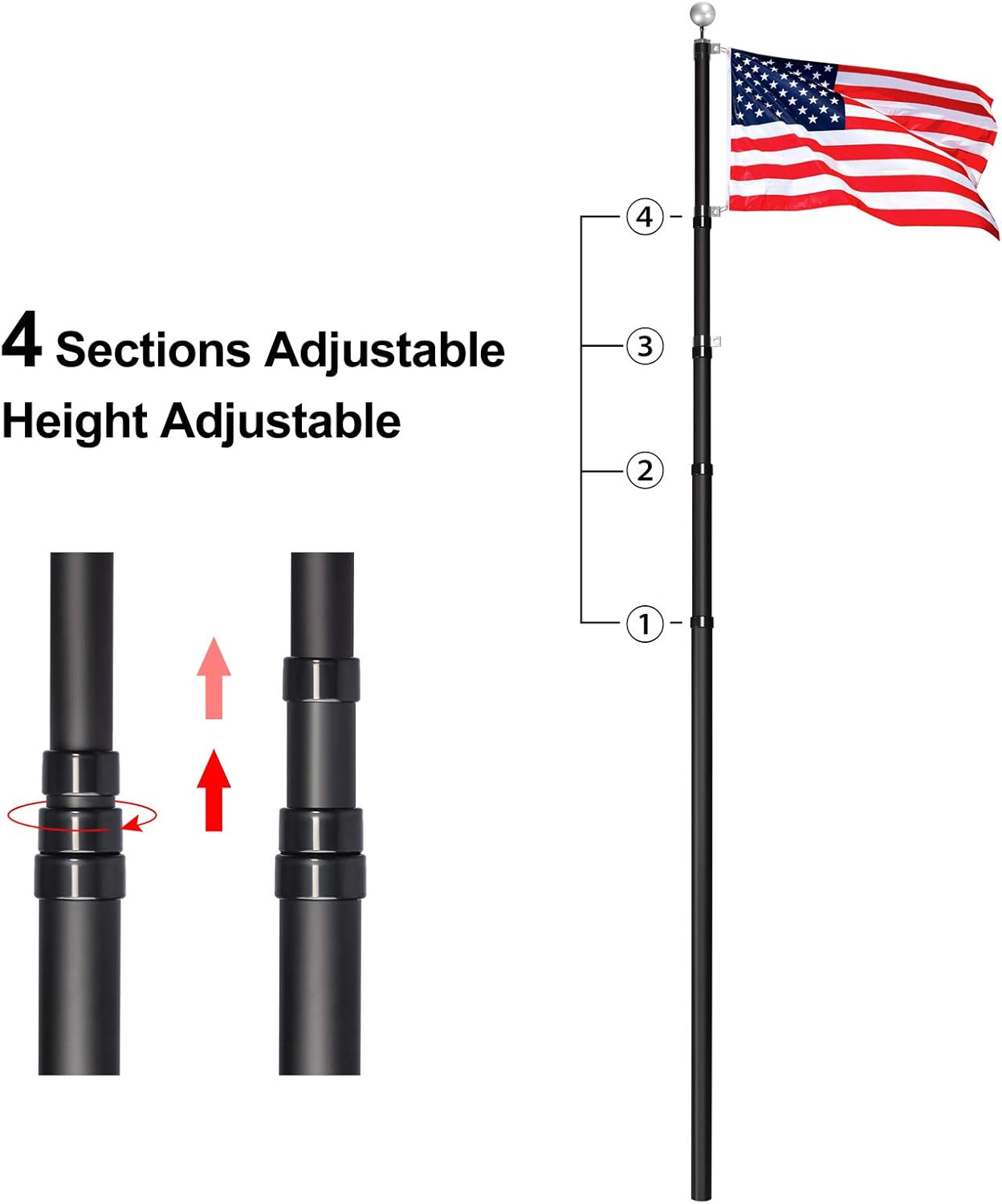 WinisKi Telescoping Flag Pole 20ft Black Extra Thick, Outdoor Heavy ...