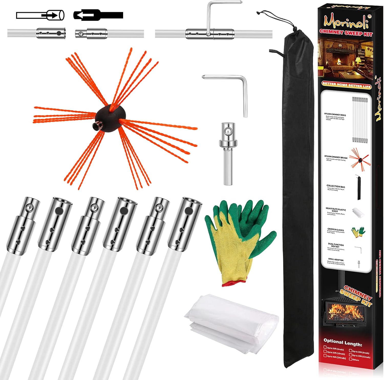 Morinoli 20 Feet Chimney Sweep Kit, Chrome Button Locking System ...