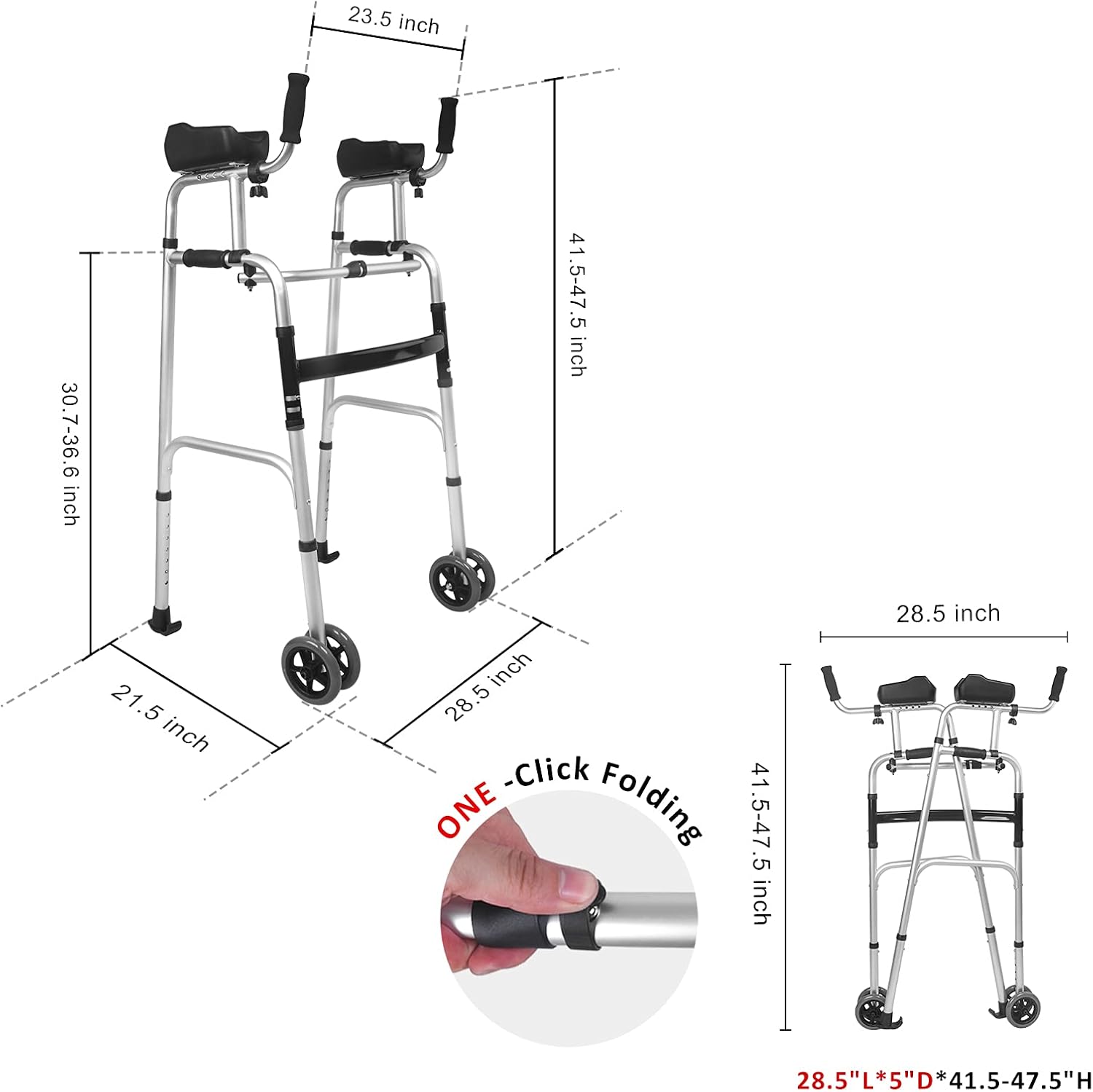 AHB Folding Walker with 4 Wheels and Arm Rest Pad, Lightweight Standard ...