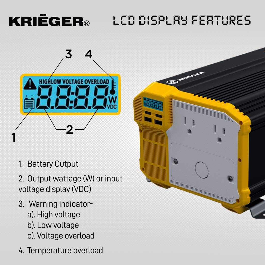 Krieger 2000 Watts Power Inverter 12V to 110V, Modified Sine Wave Car ...
