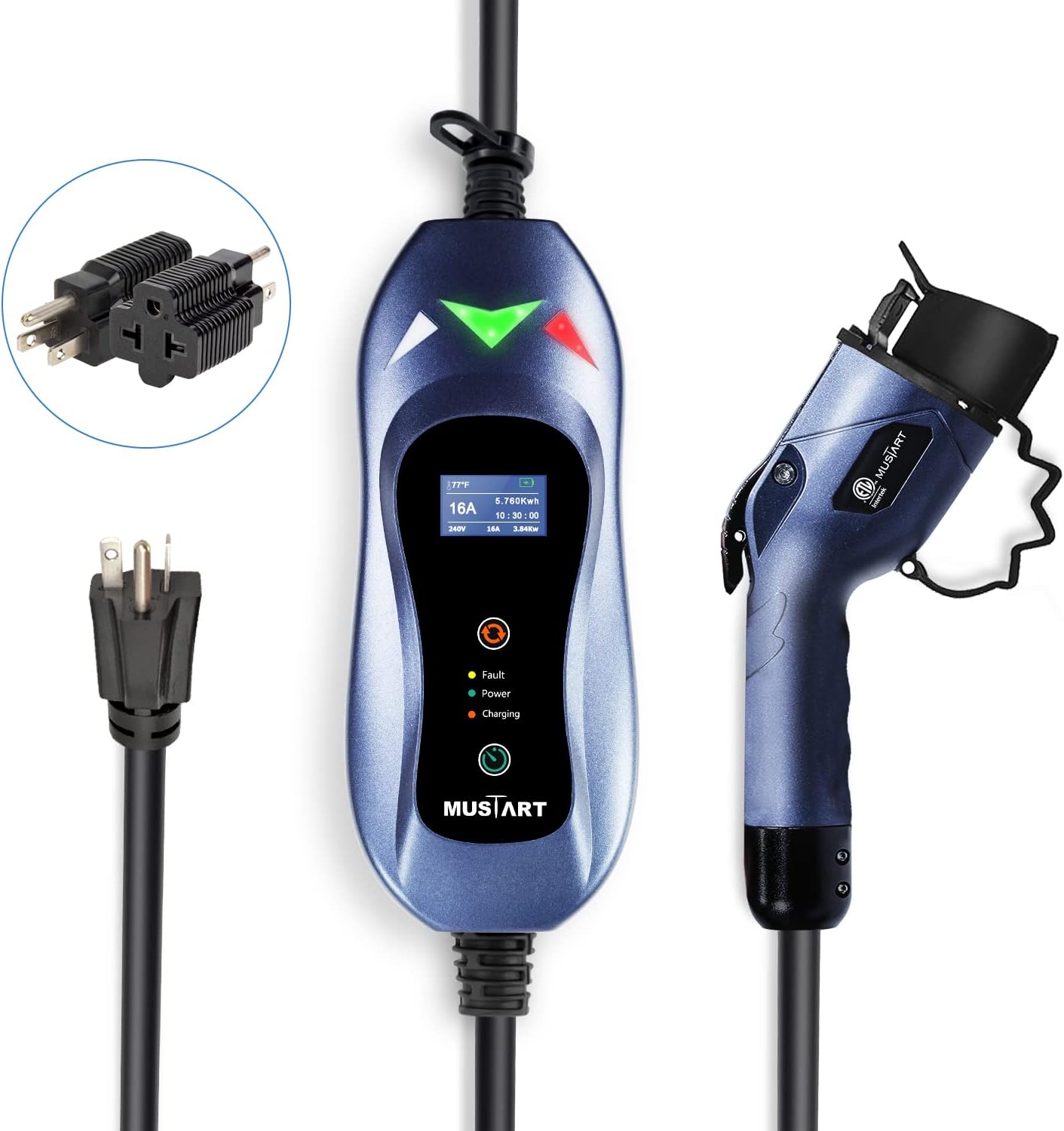 MUSTART Level 2 Portable EV Charger (240 Volt, 25ft Cable, 12/16 Amp ...