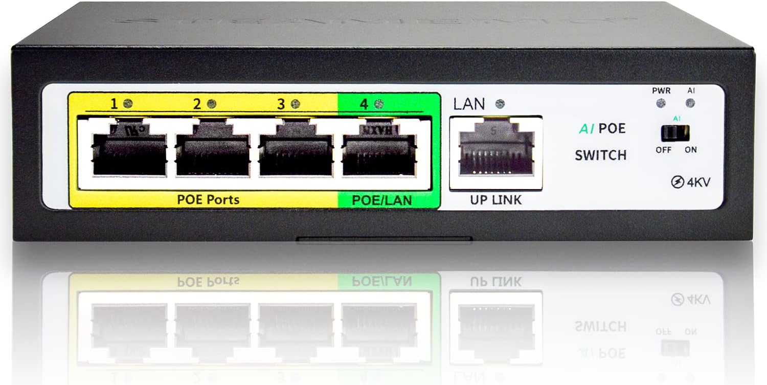 STEAMEMO 5 Port AI PoE Switch (4 POE Ports +1 Uplink), 802.3af/at PoE ...