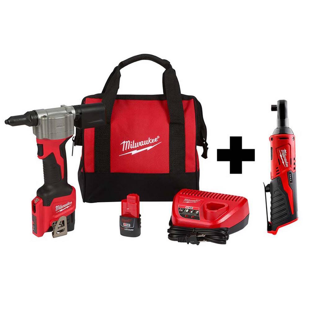 Milwaukee M12 12-Volt Lithium-Ion Cordless Rivet Tool Kit with M12 3/8 ...