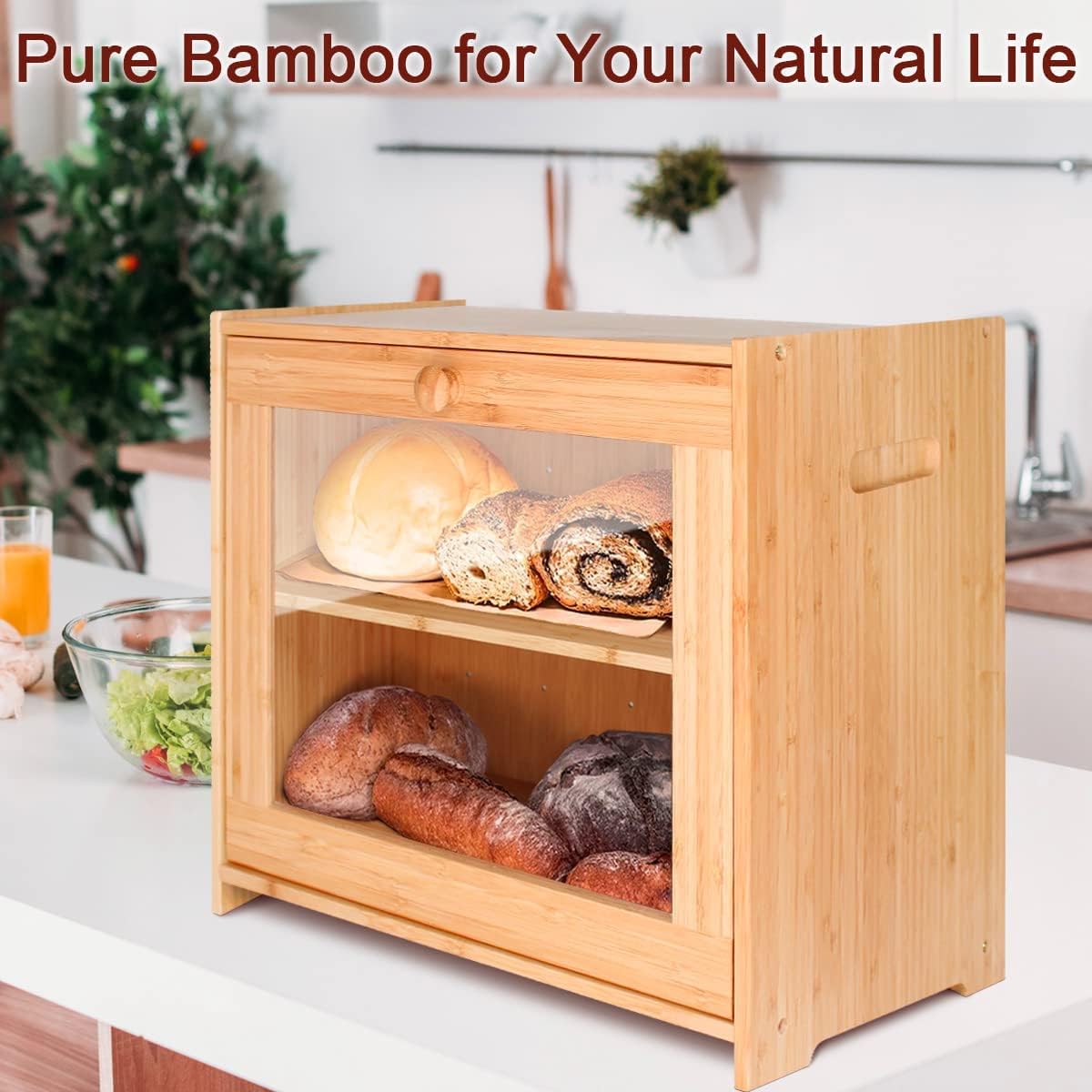 Bamboo Bread Box Kitchen Countertop, Purbambo 2 Layer Roll-top Large ...