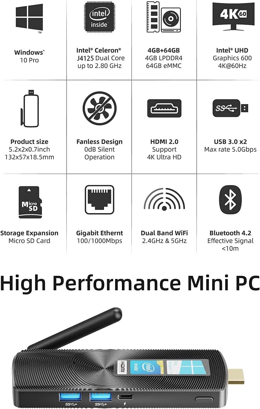 MeLE PCG02 Fanless PC Stick Windows 11 Pro Celeron J4125 8G/256G ...