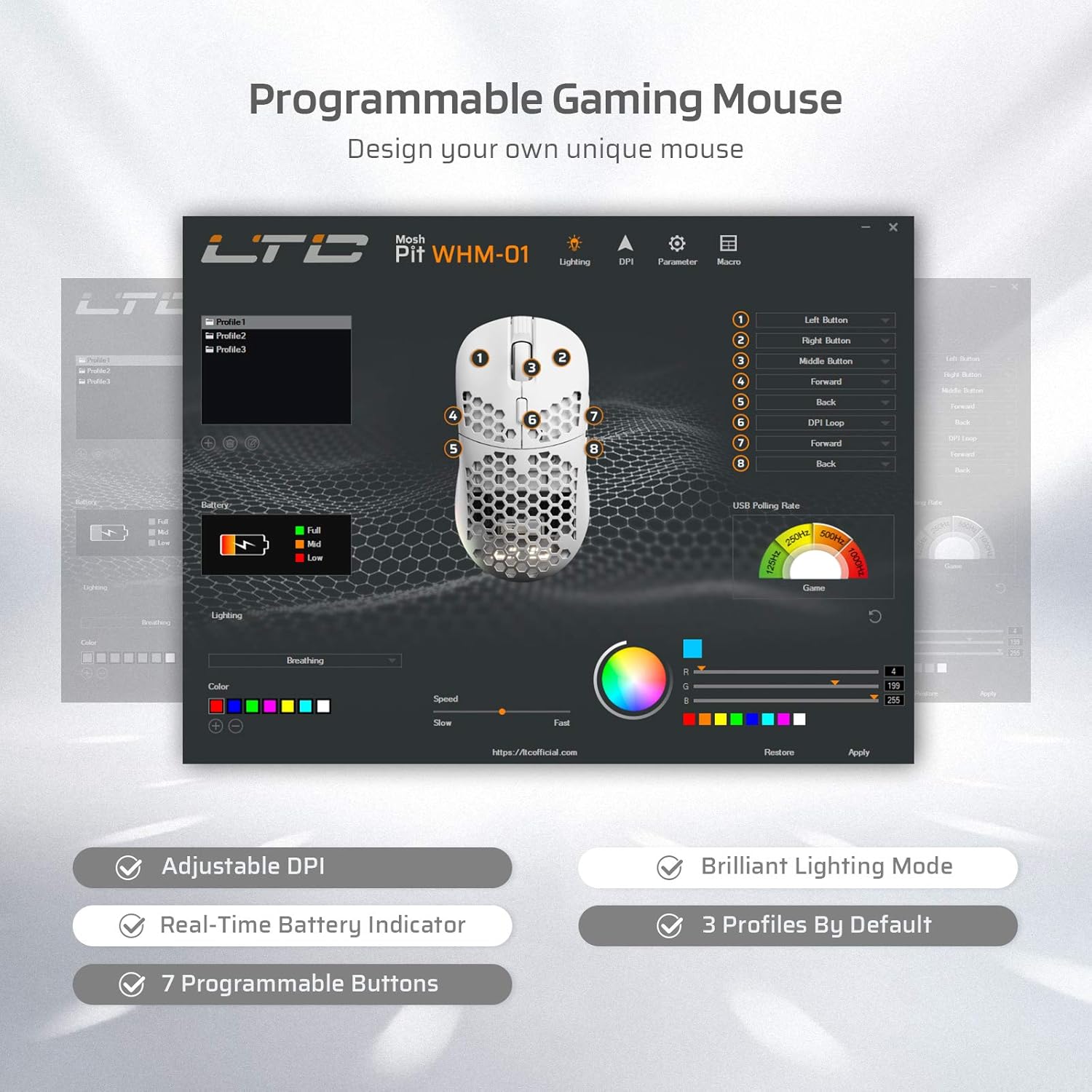 LTC Mosh Pit 16,000 DPI RGB Wireless Ambidextrous Gaming Mouse with ...