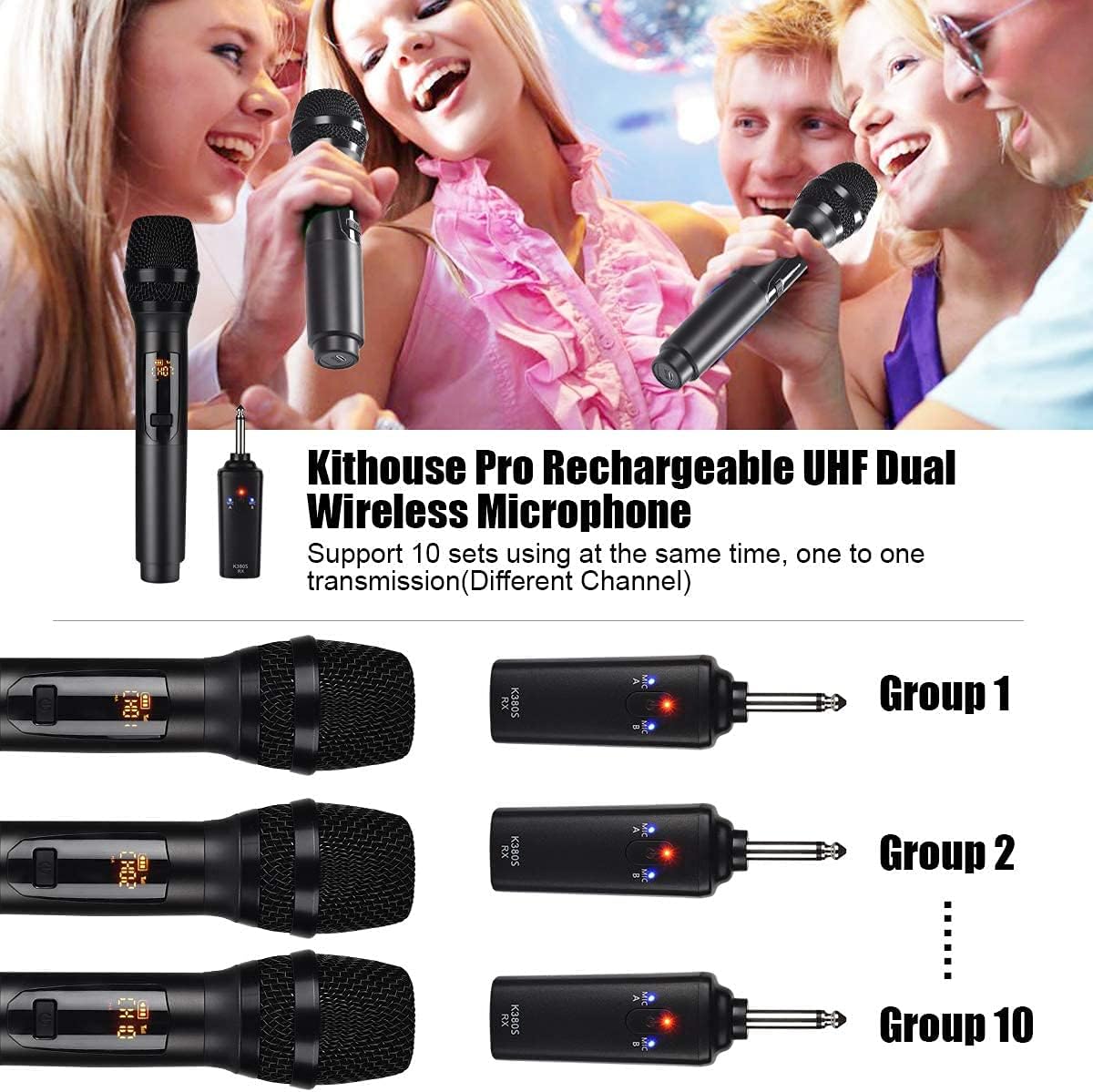 Kithouse K380S UHF Rechargeable Wireless Microphone Karaoke Microphone ...