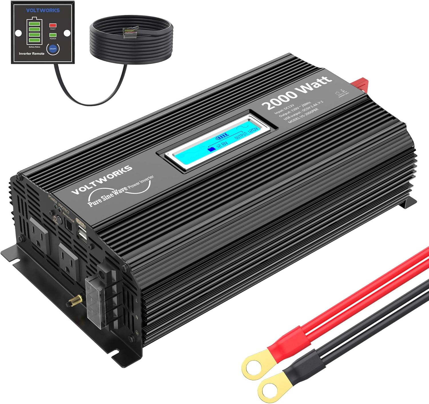 Pure Sine Wave 2000Watt Car Power Inverter Converter DC 12V to 120V AC ...