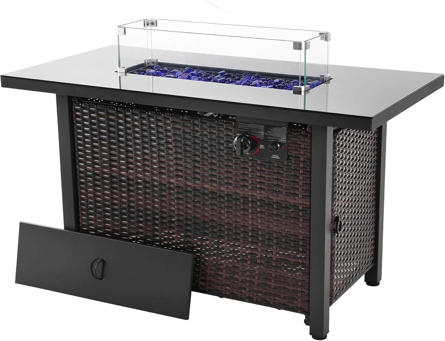 44 in Propane Fire Pit Table,Rattan Fire Pit Table with Glass Wind ...