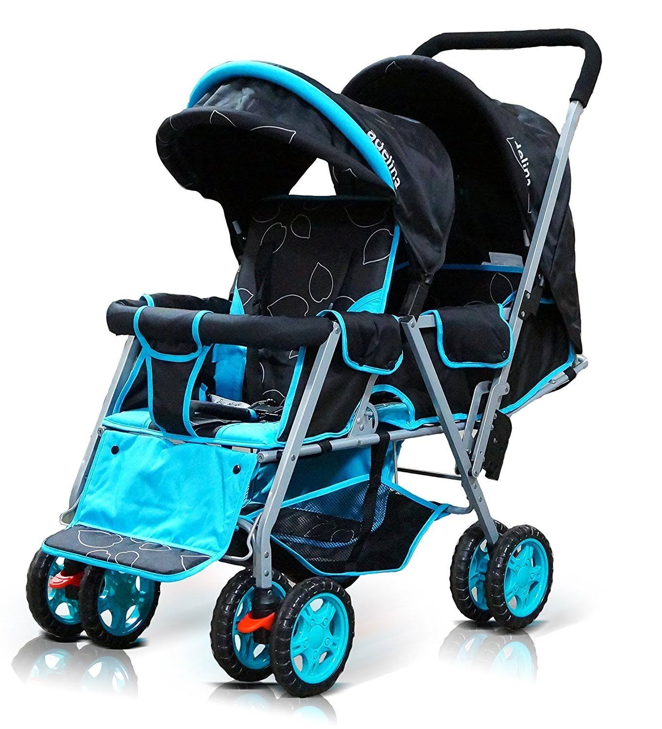 Adelina Designer Double Stroller: Blue Flowers - Ritoyou