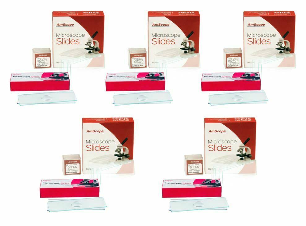 Amscope 5-Pack 50 Microscope Slides +5pk 12 Concave Slides +5pk 100 ...