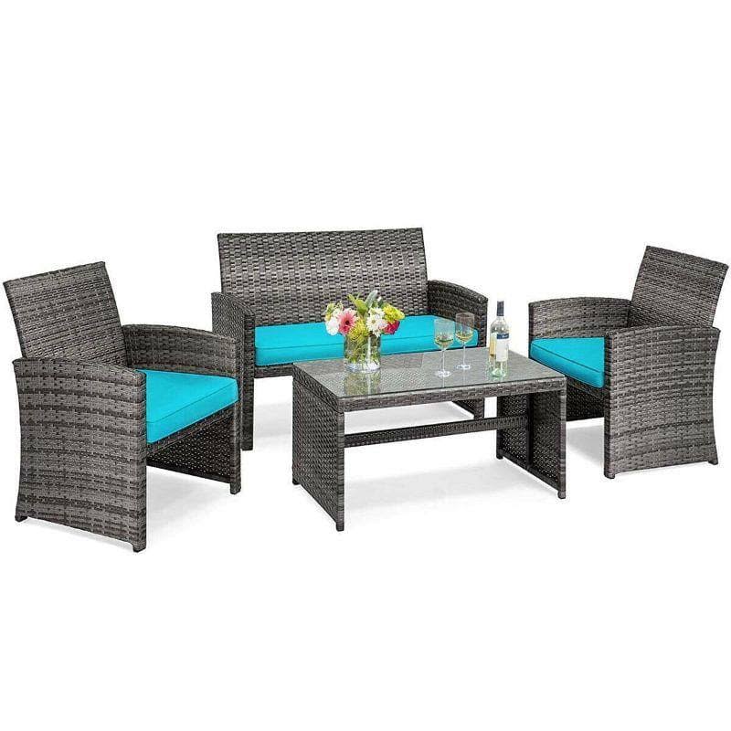 4 Piece Patio Rattan Furniture Set Turquoise - Ritoyou