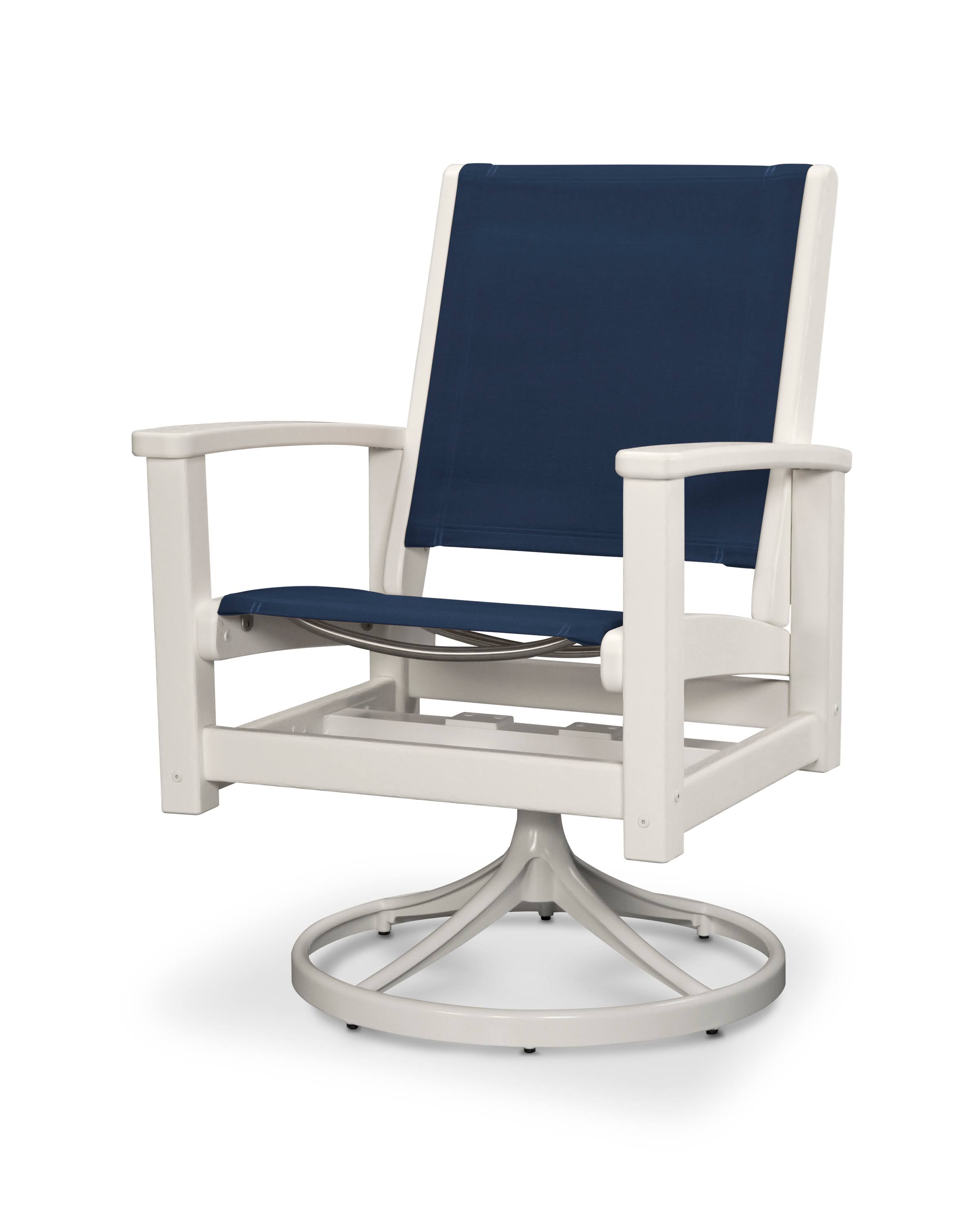 POLYWOOD Coastal Swivel Rocker in Satin White / White / Navy Blue Sling ...